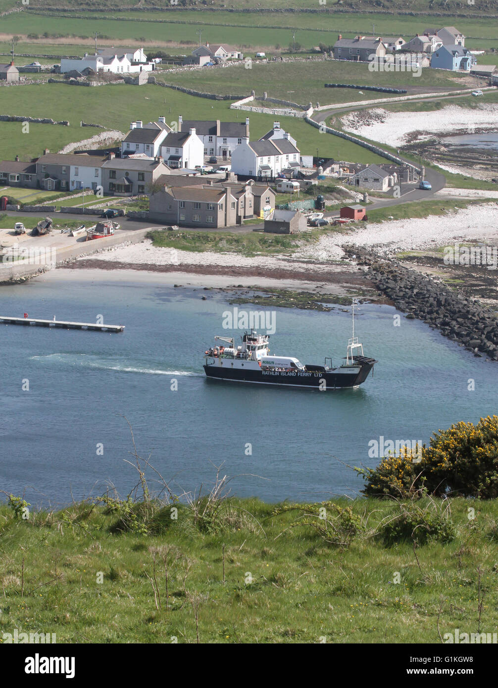Rathlin Ferry leaving the harbour at Rathlin Island, County Antrim ...
