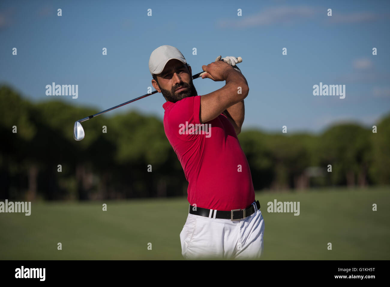 golf player shot ball from sand bunker at course Stock Photo - Alamy