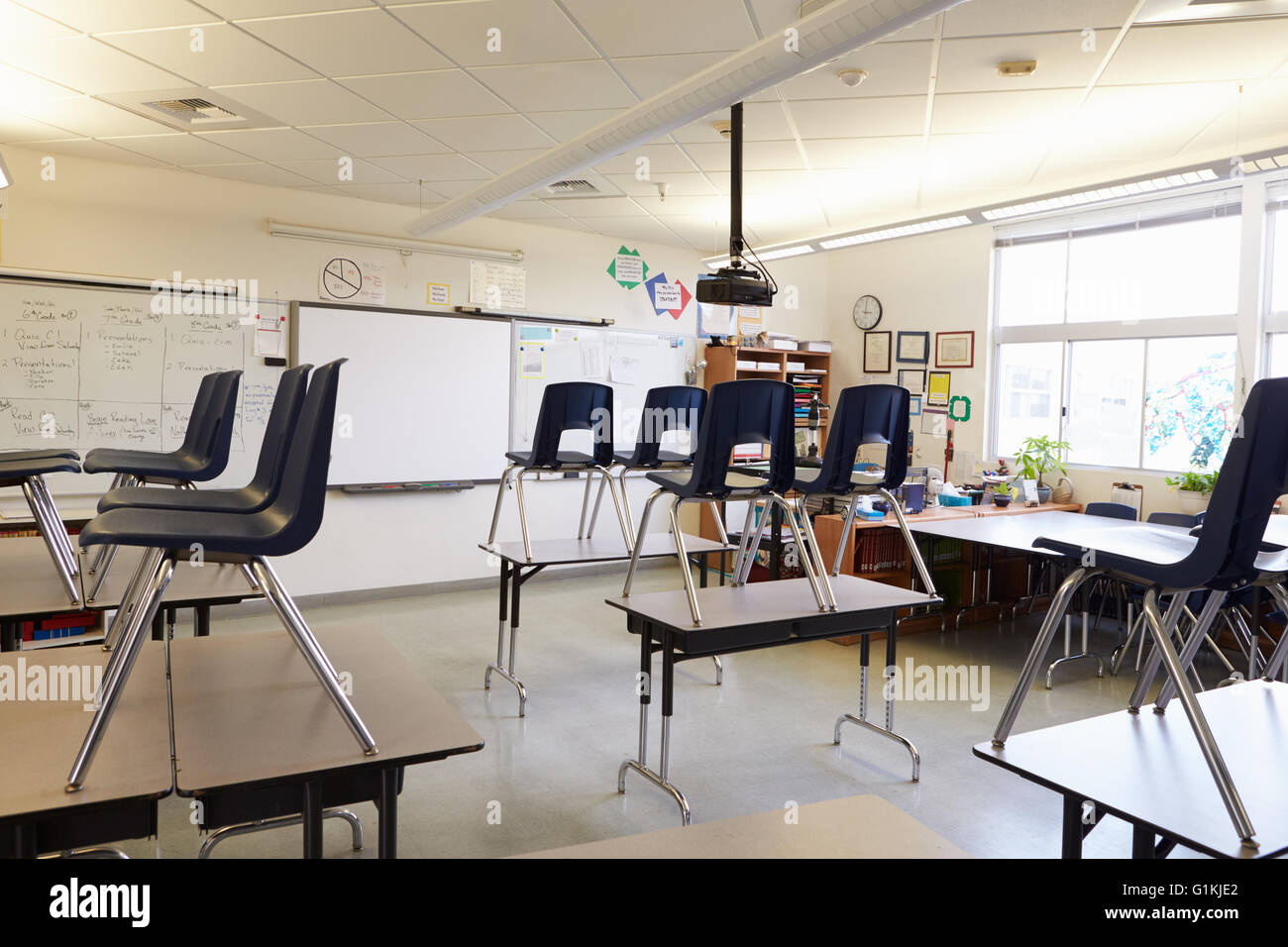 Empty classroom with chairs on tables Stock Photo - Alamy