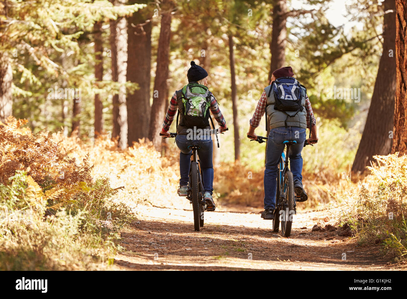 Couple mountain biking through forest, back view full length Stock ...