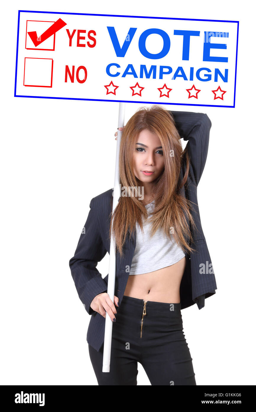 woman holding election banner campaign and calling people go to vote ...