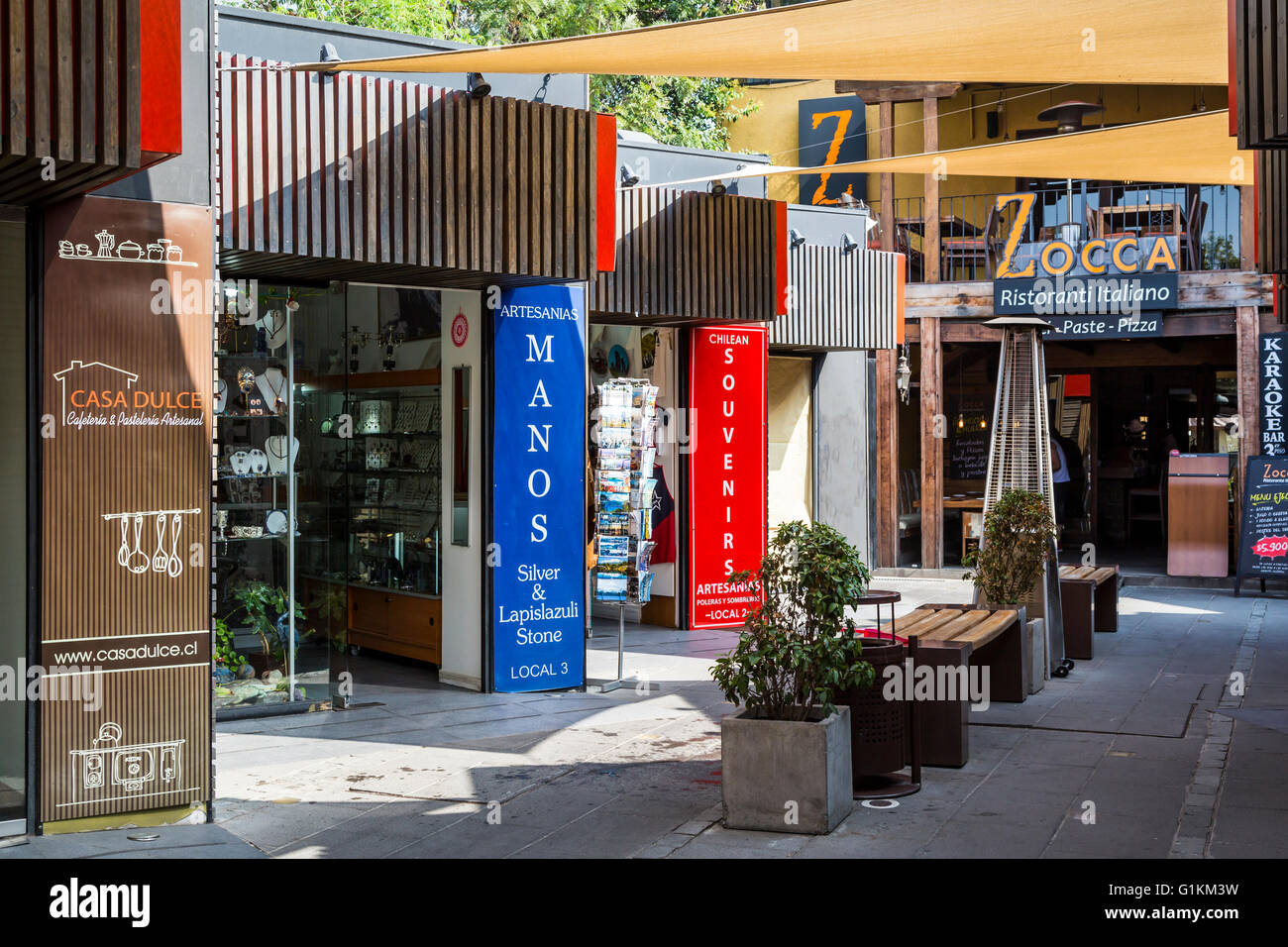 Stores and shops along Pio Nono street in Santiago, Chile, South ...