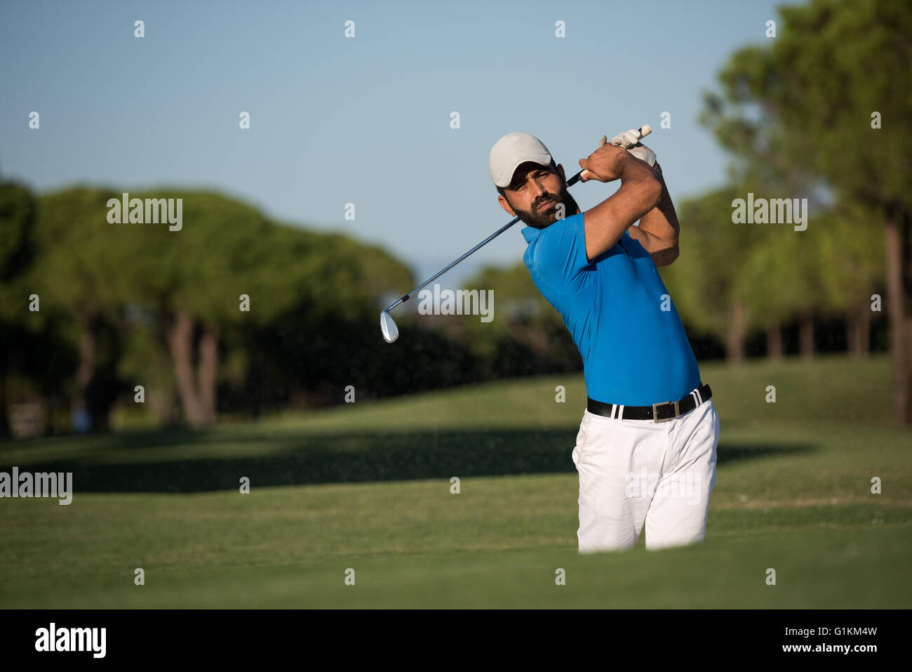 pro golf player shot ball from sand bunker at course Stock Photo - Alamy