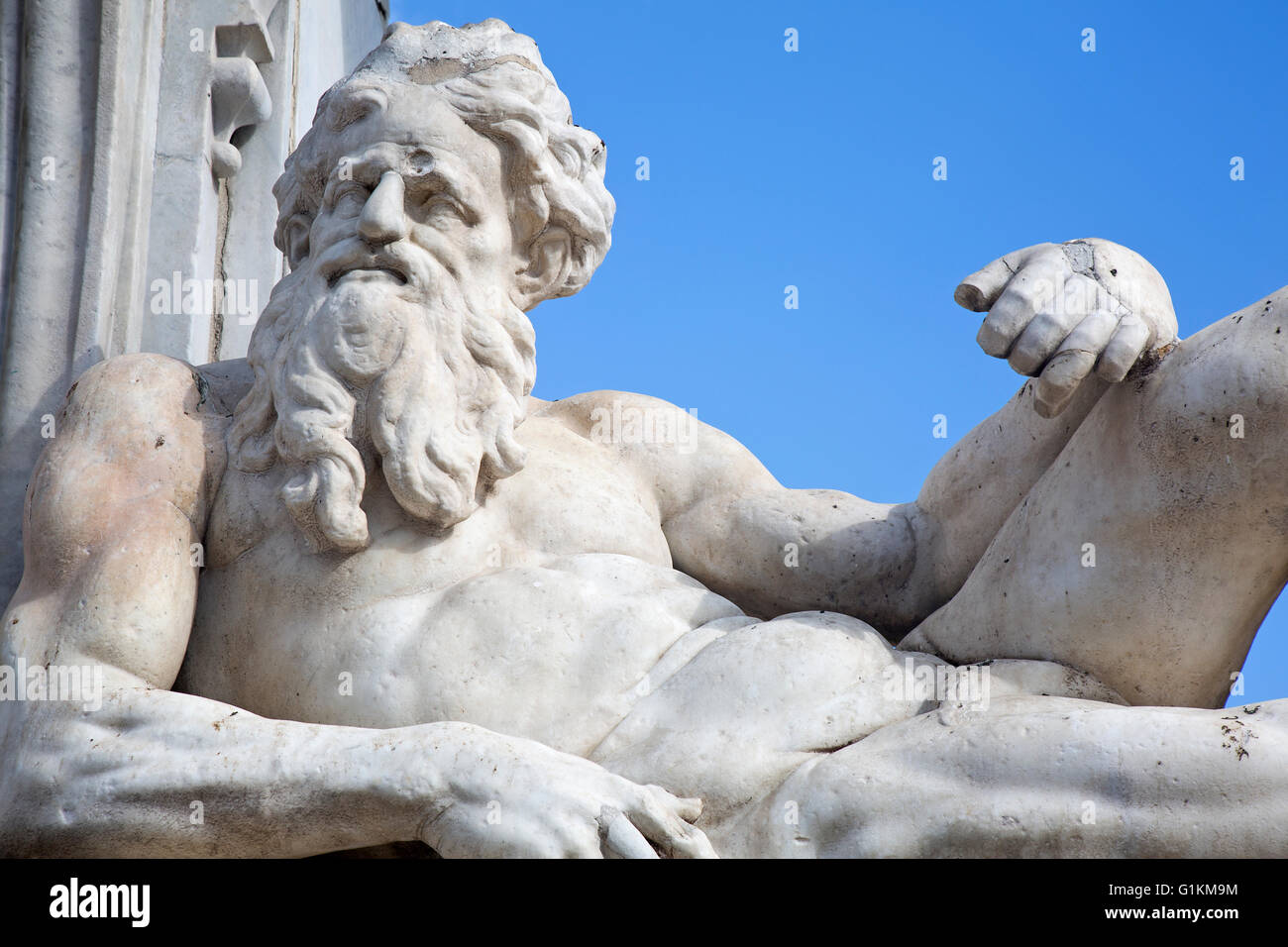 Naples, Sebeto Fountain. The statue of an old man represents the river ...