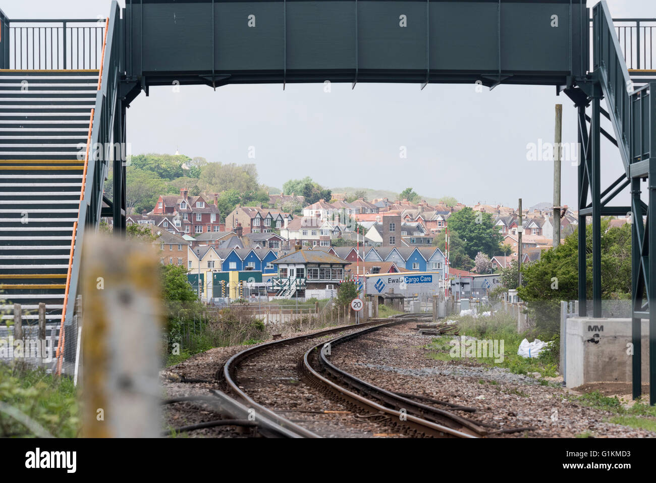 A view of Newhaven Town through a railway footbridge on the harbour ...