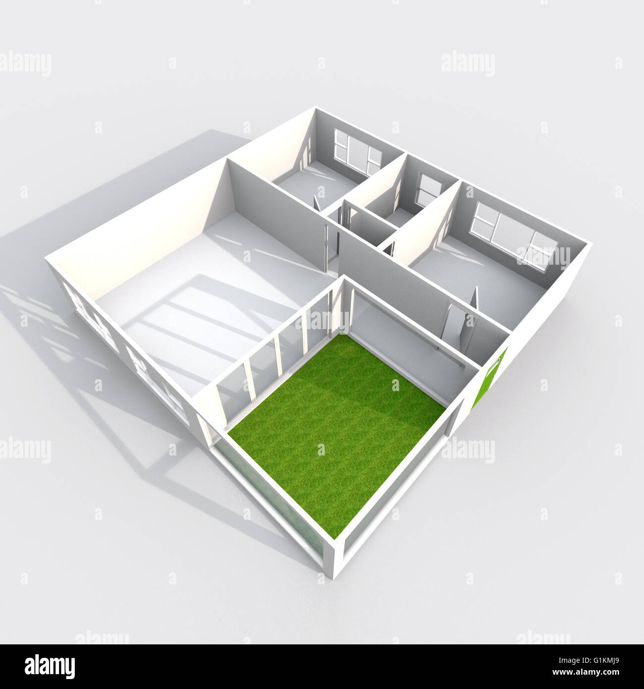 3d interior rendering of oblique empty paper model home apartment: room ...