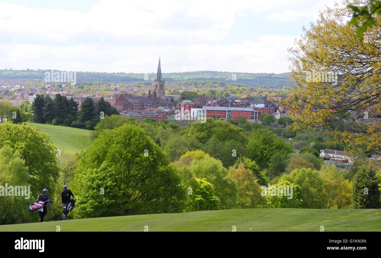 Golfers on Tapton Park golf course looking to Chesterfield town centre ...