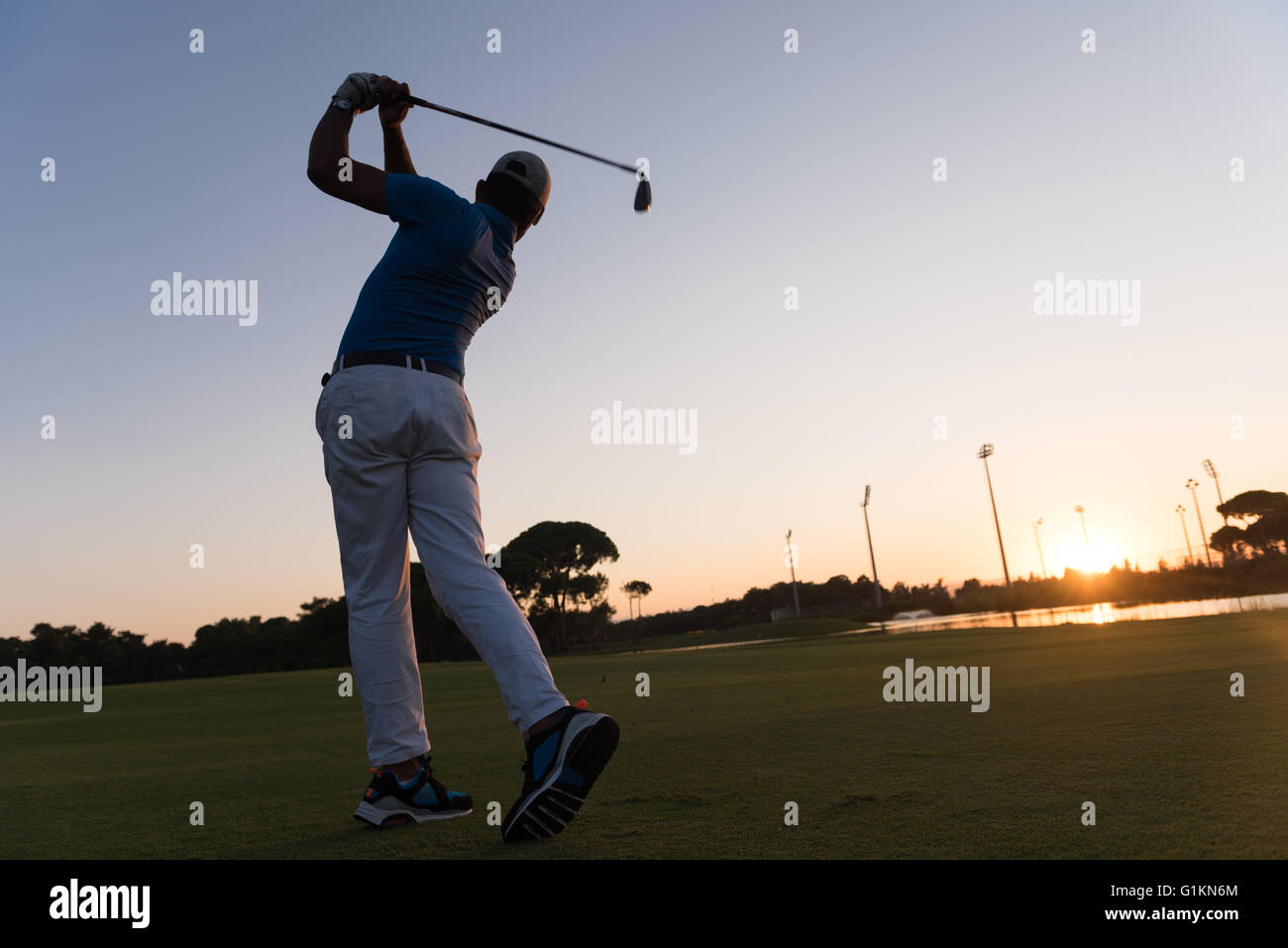 golfer hitting long shot with driver on course at beautiful sunset ...
