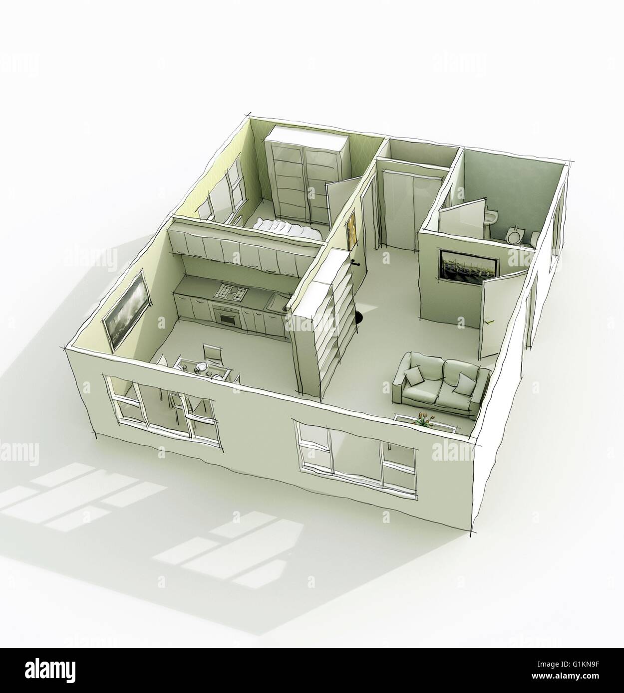 3d diagonal view of freehand sketch drawing illustration of furnished ...