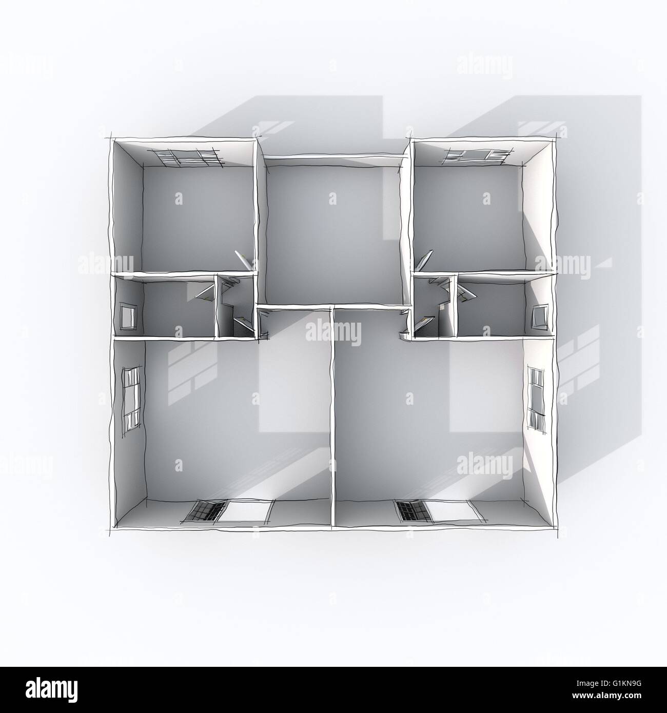 3d plan view of freehand sketch drawing illustration of empty home ...