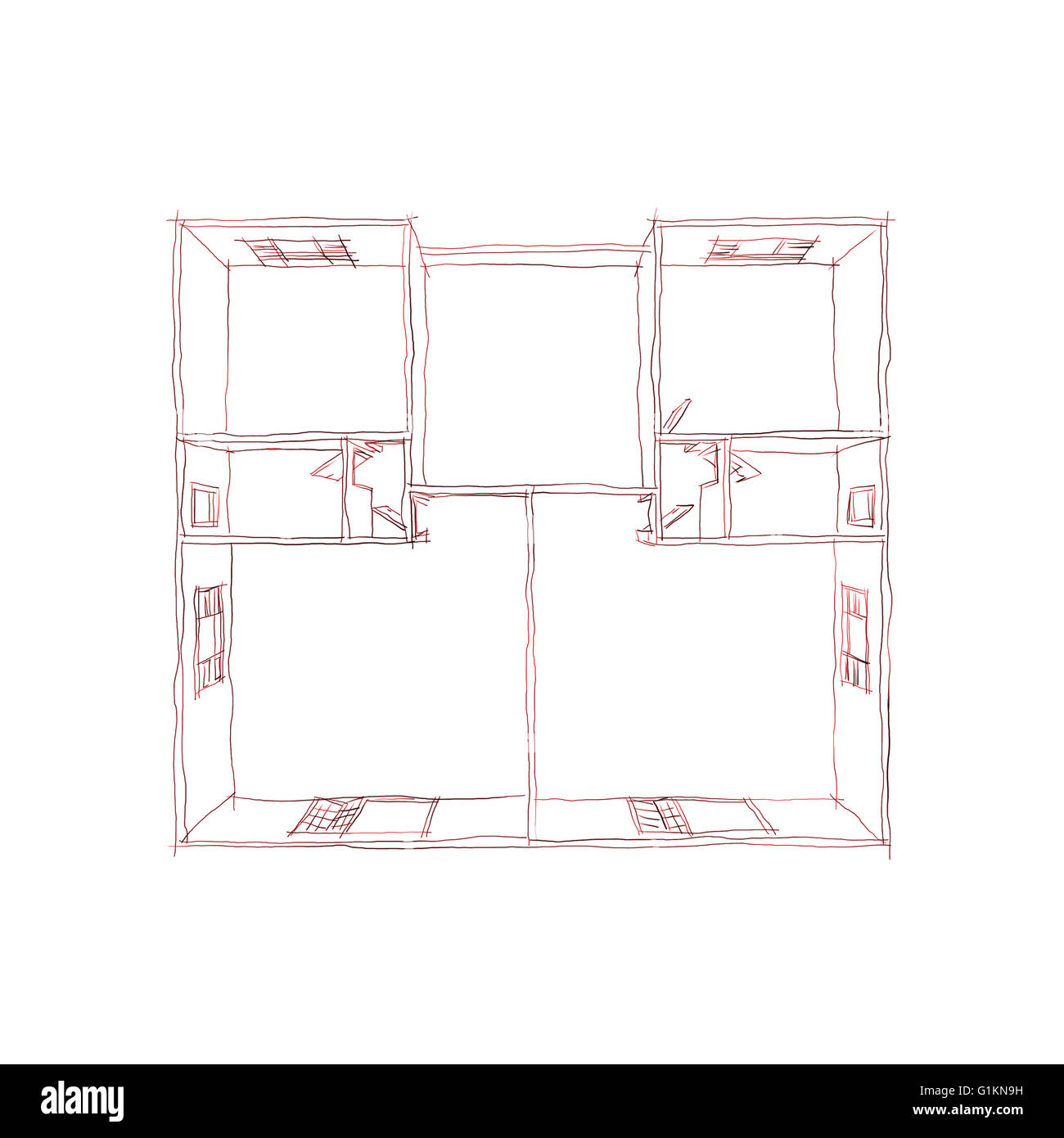 Freehand pen sketch drawing illustration of 3d plan view of empty home ...