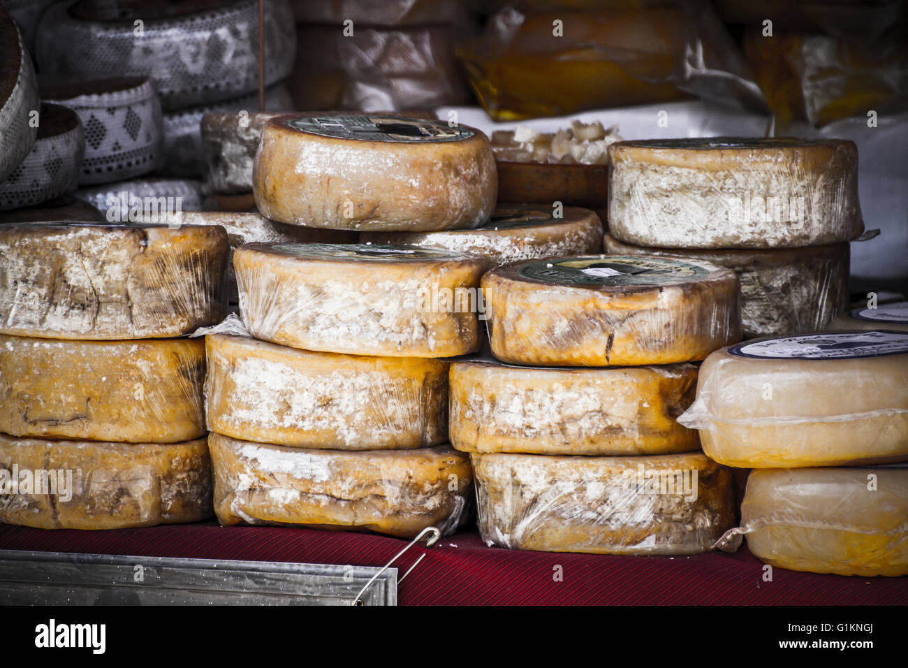 artisan food stalls, cheese, meat, stuffed into a medieval fair Stock ...