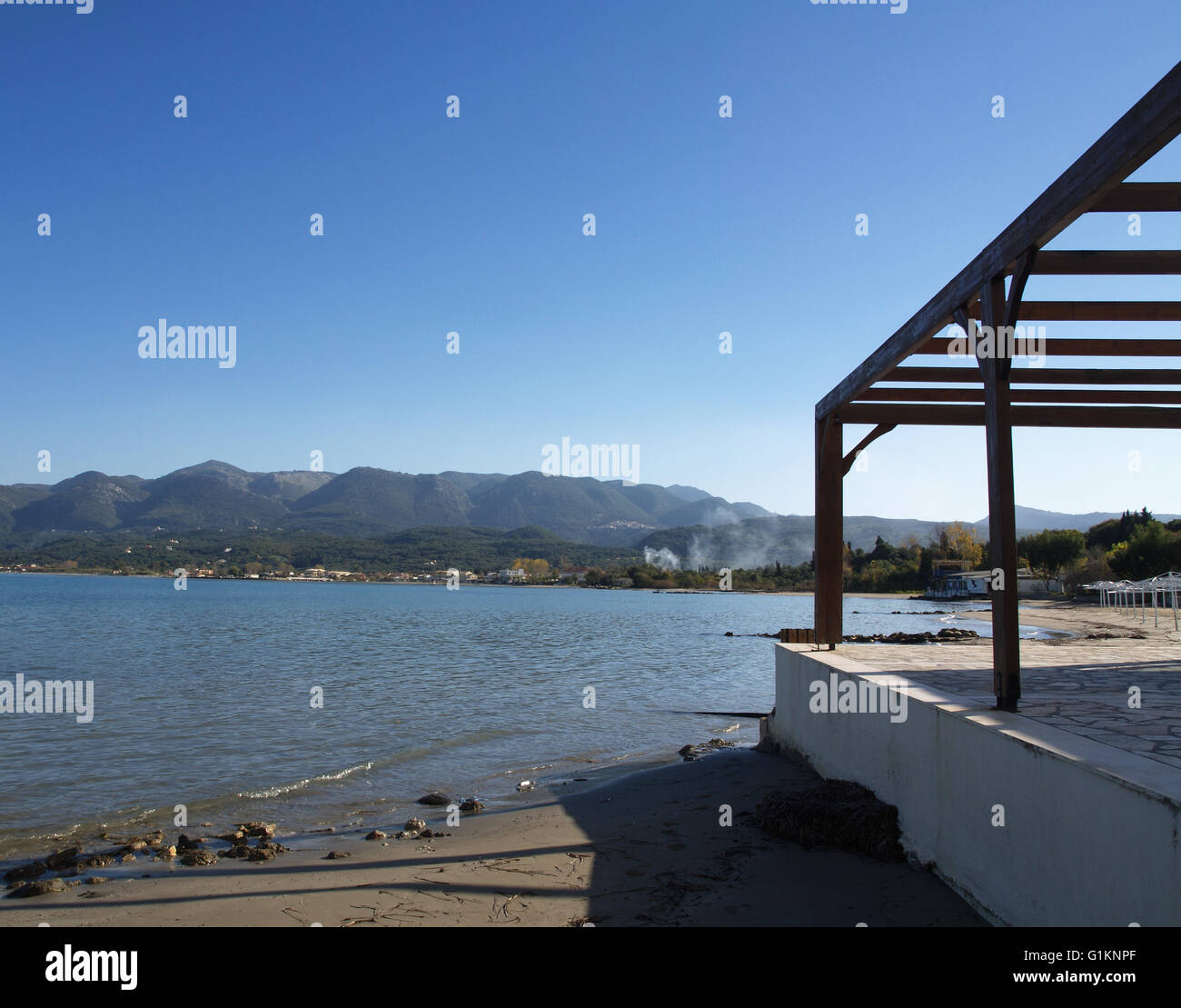 Wooden pergola at Mitsis Roda Beach Resort, Roda, Corfu, Greece Stock ...