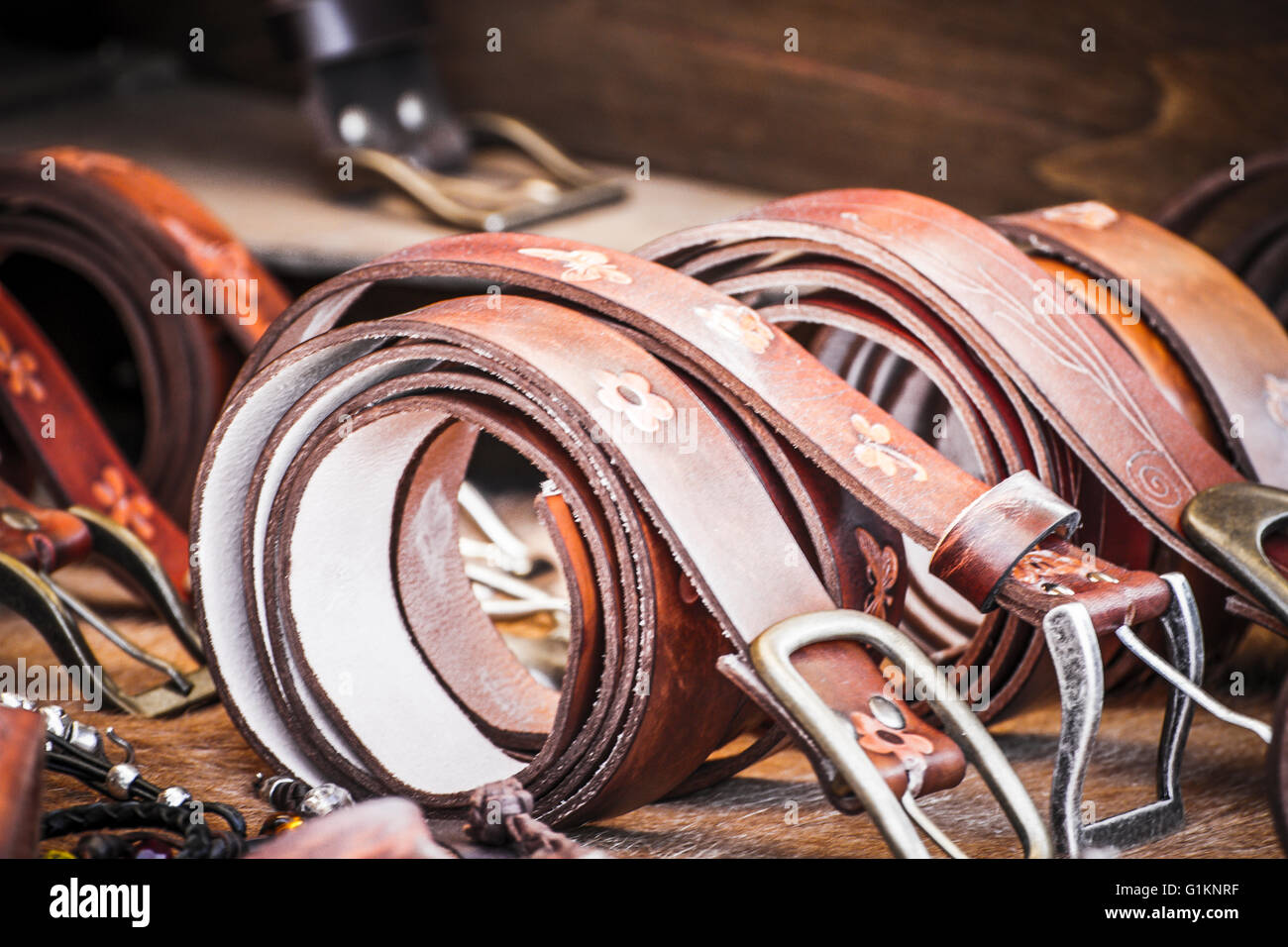 Store handmade leather belts, spanish medieval fair Stock Photo - Alamy