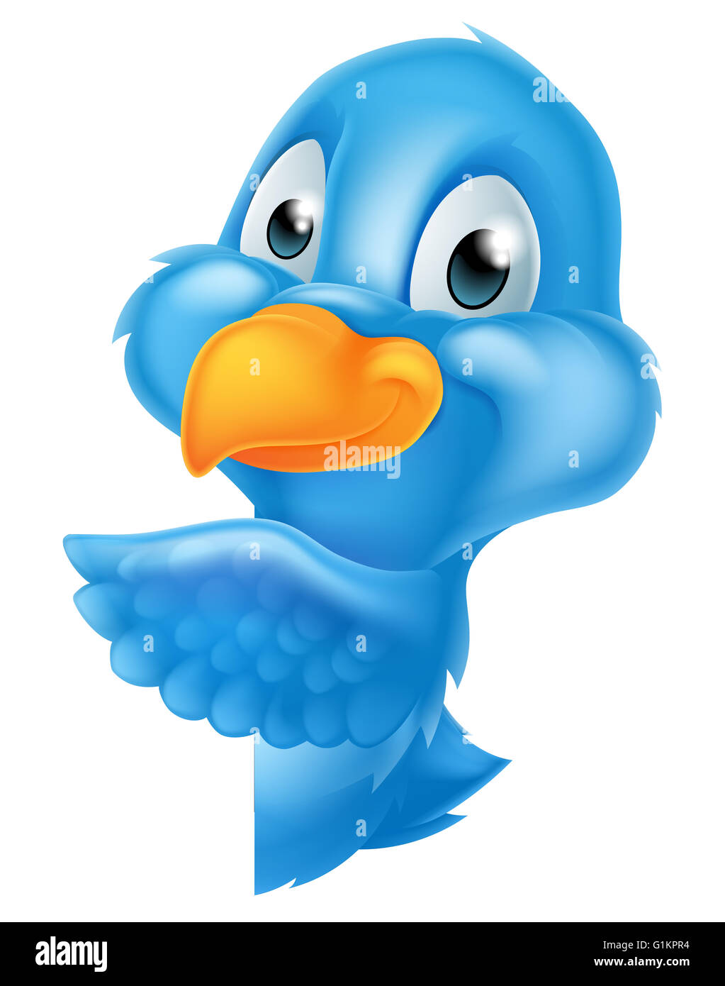 Cartoon bluebird bird character peeking around a signboard and pointing ...
