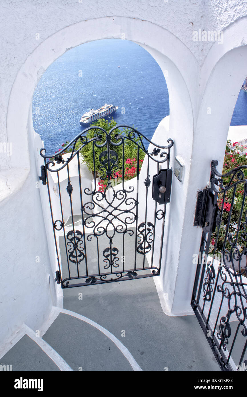 Gate and panorama from Santorini island - Greece Stock Photo - Alamy