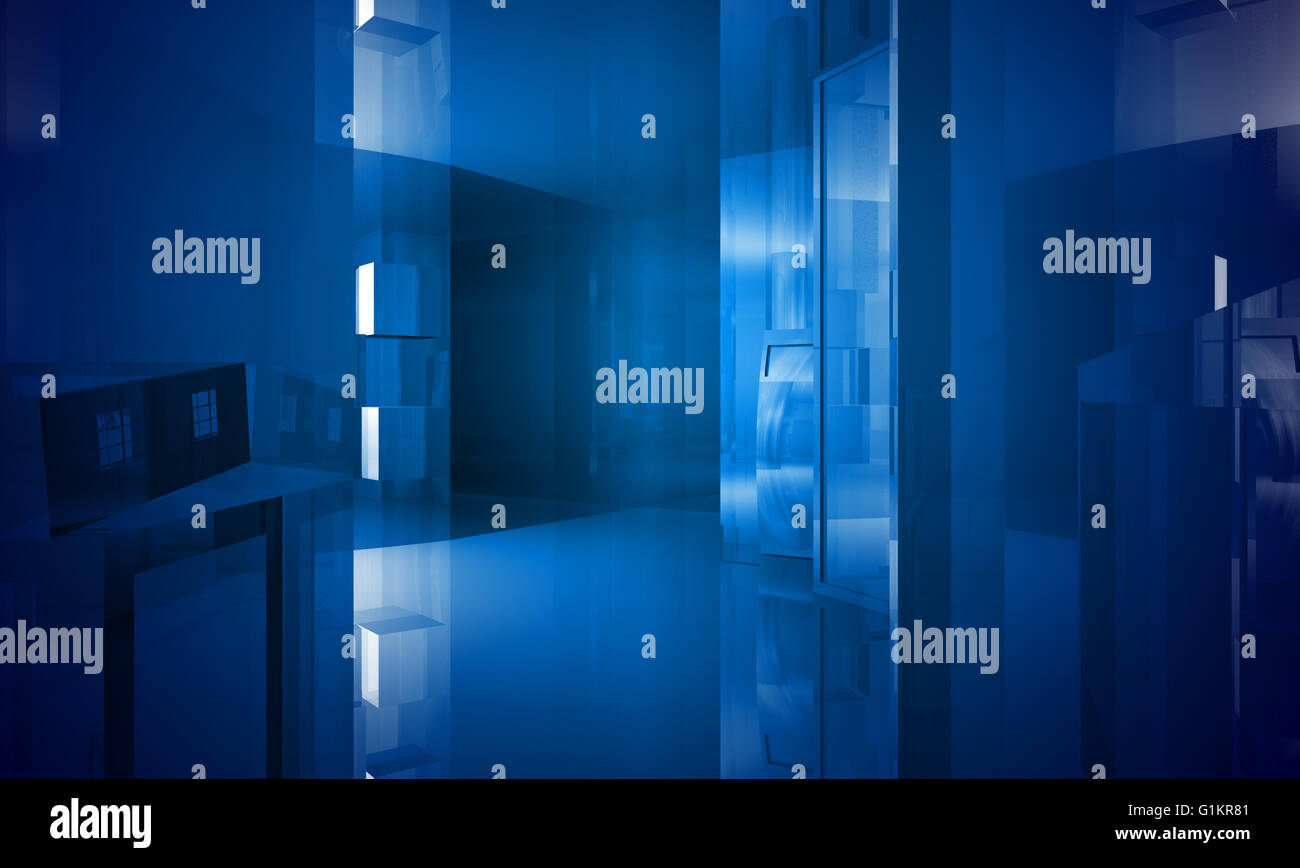 Indoor building. Office space with blue light effects Stock Photo - Alamy