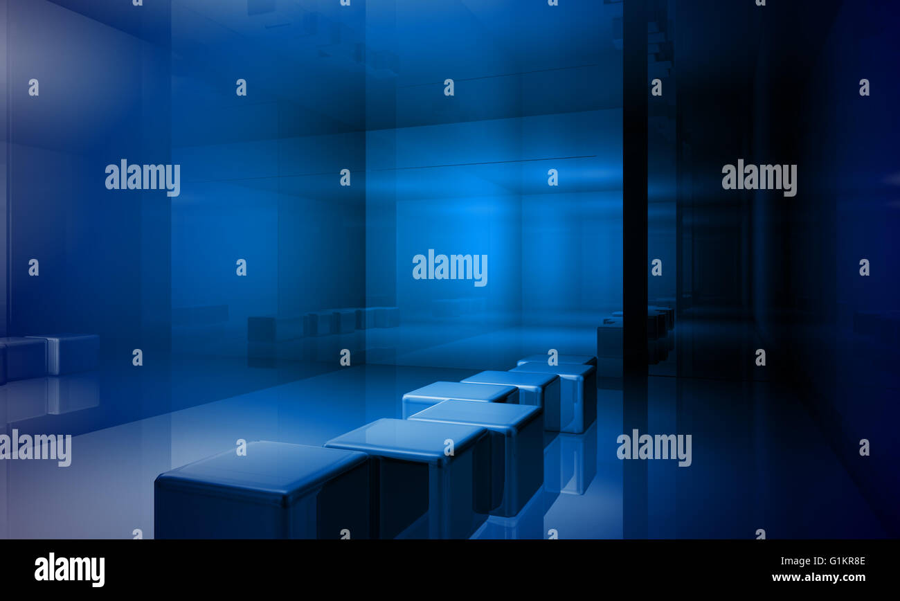 Indoor building. Office space with blue light effects Stock Photo - Alamy