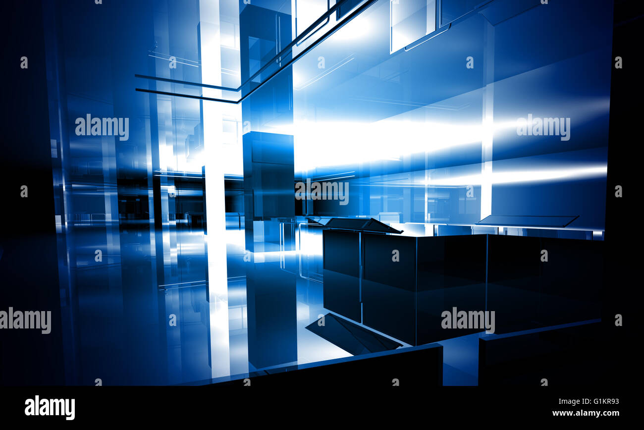 Indoor building. Office space with blue light effects Stock Photo - Alamy