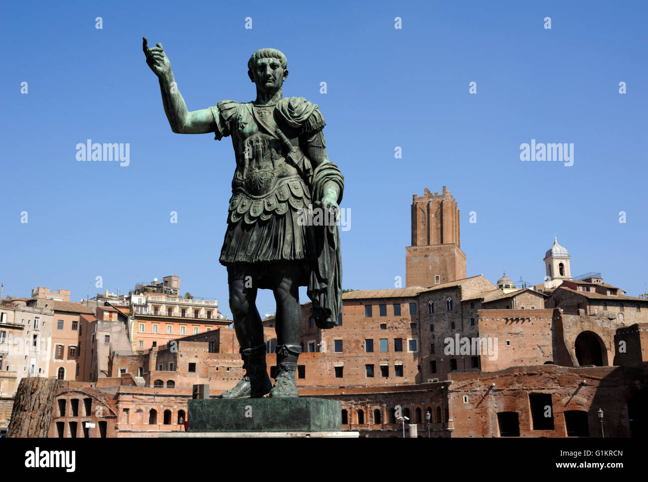 Italy, Rome, bronze statue of the roman emperor Trajan and Trajan's ...