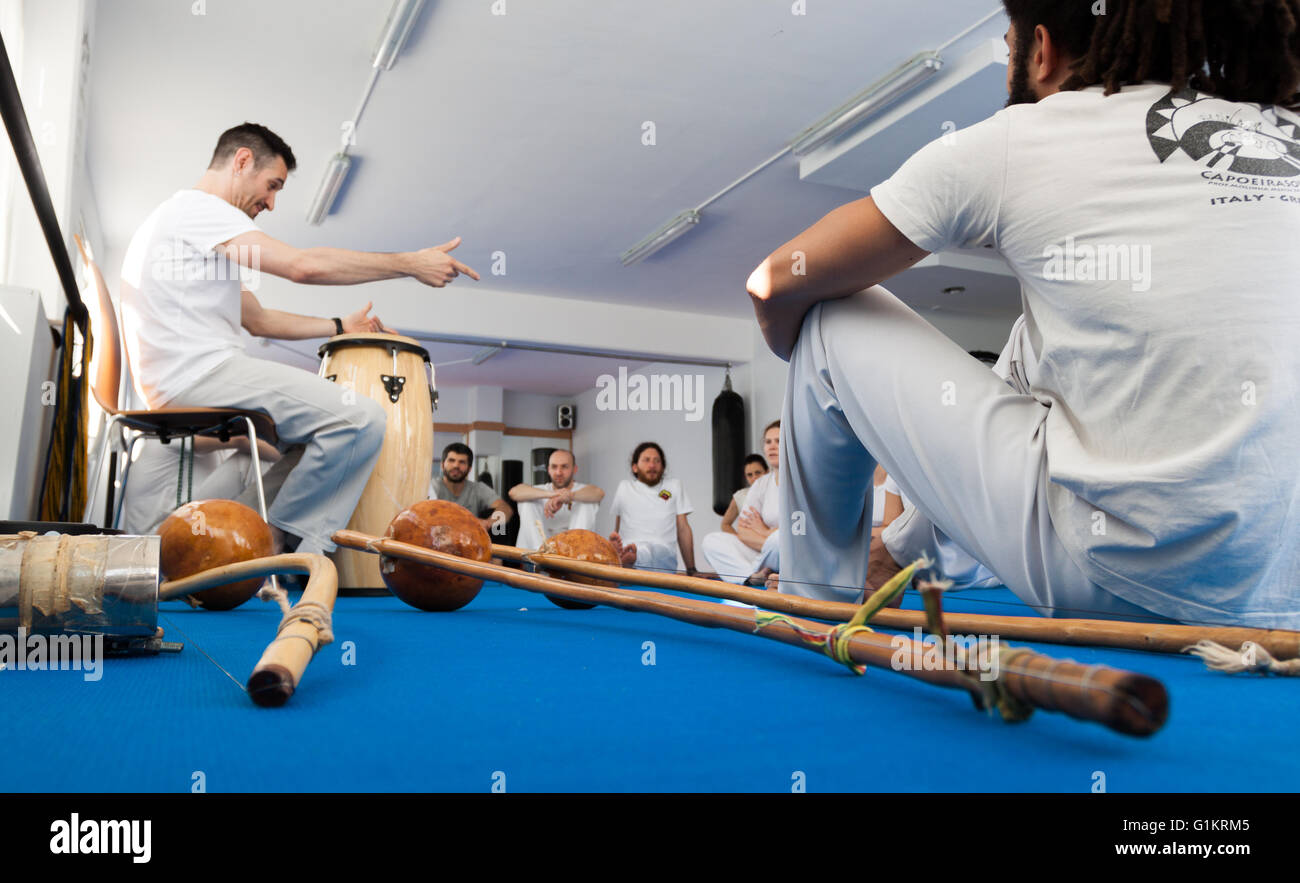 Birimbao, ropes and roda in the capoeira game. Athens, Central Athens ...