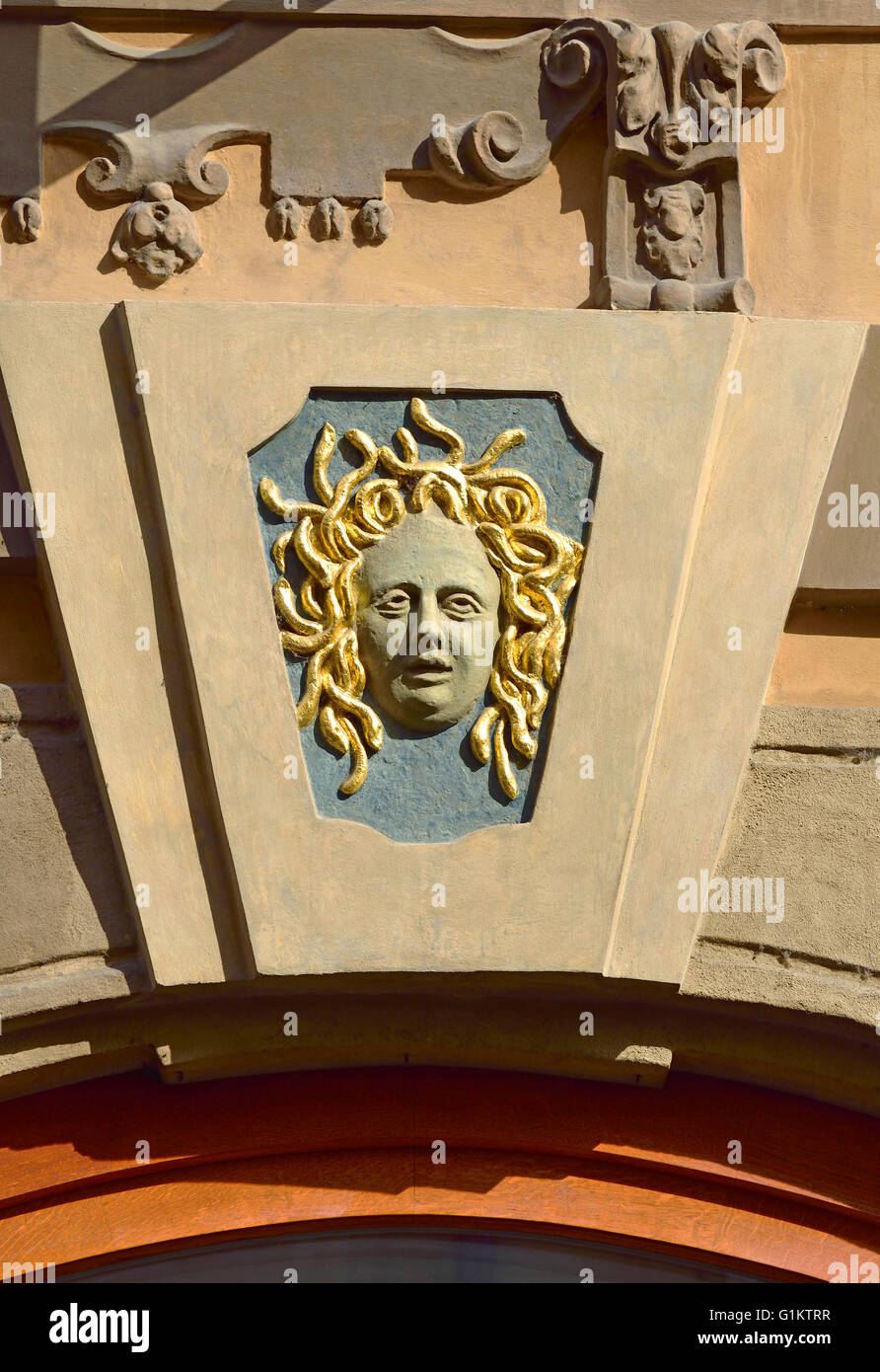 Prague, Czech Republic. Traditional House Sign: Medusa head at Nerudova ...