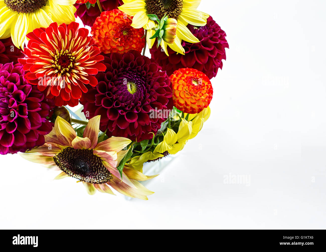 Summer bouquet of dahlias, zinnia and sunflowers with copy space Stock ...