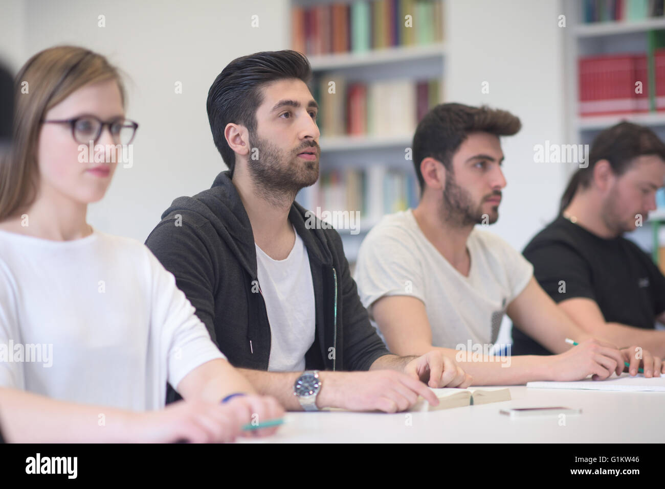 students group study together in school classroom and working together ...