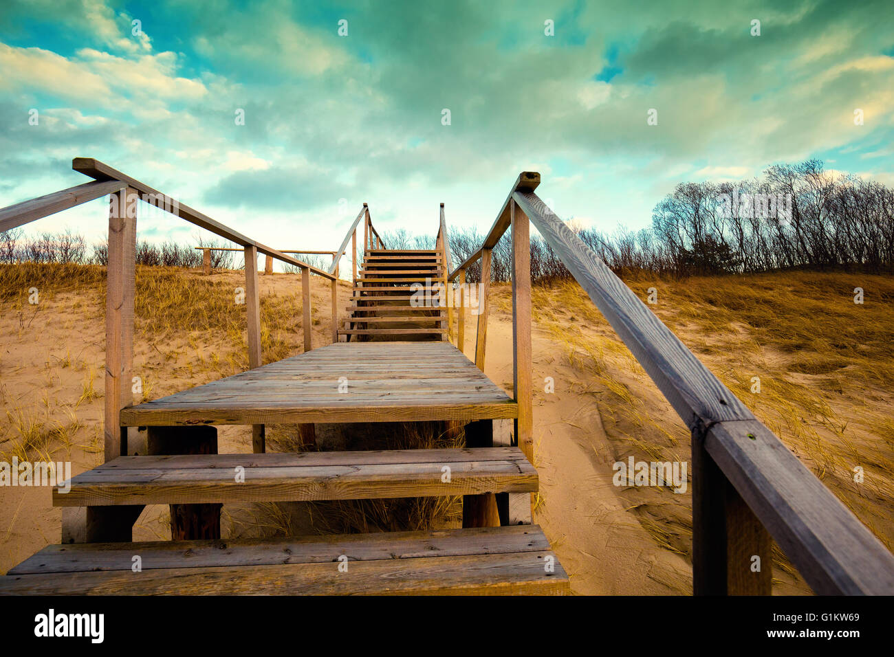 Wooden staircase with a handrail, perspective view Stock Photo - Alamy
