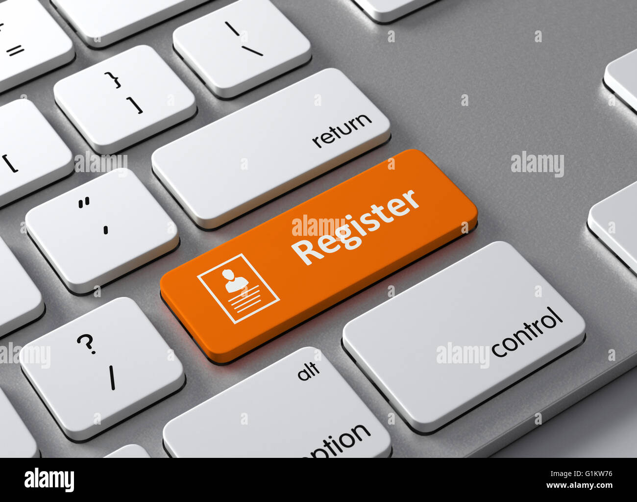 A keyboard with a orange button Register Stock Photo - Alamy