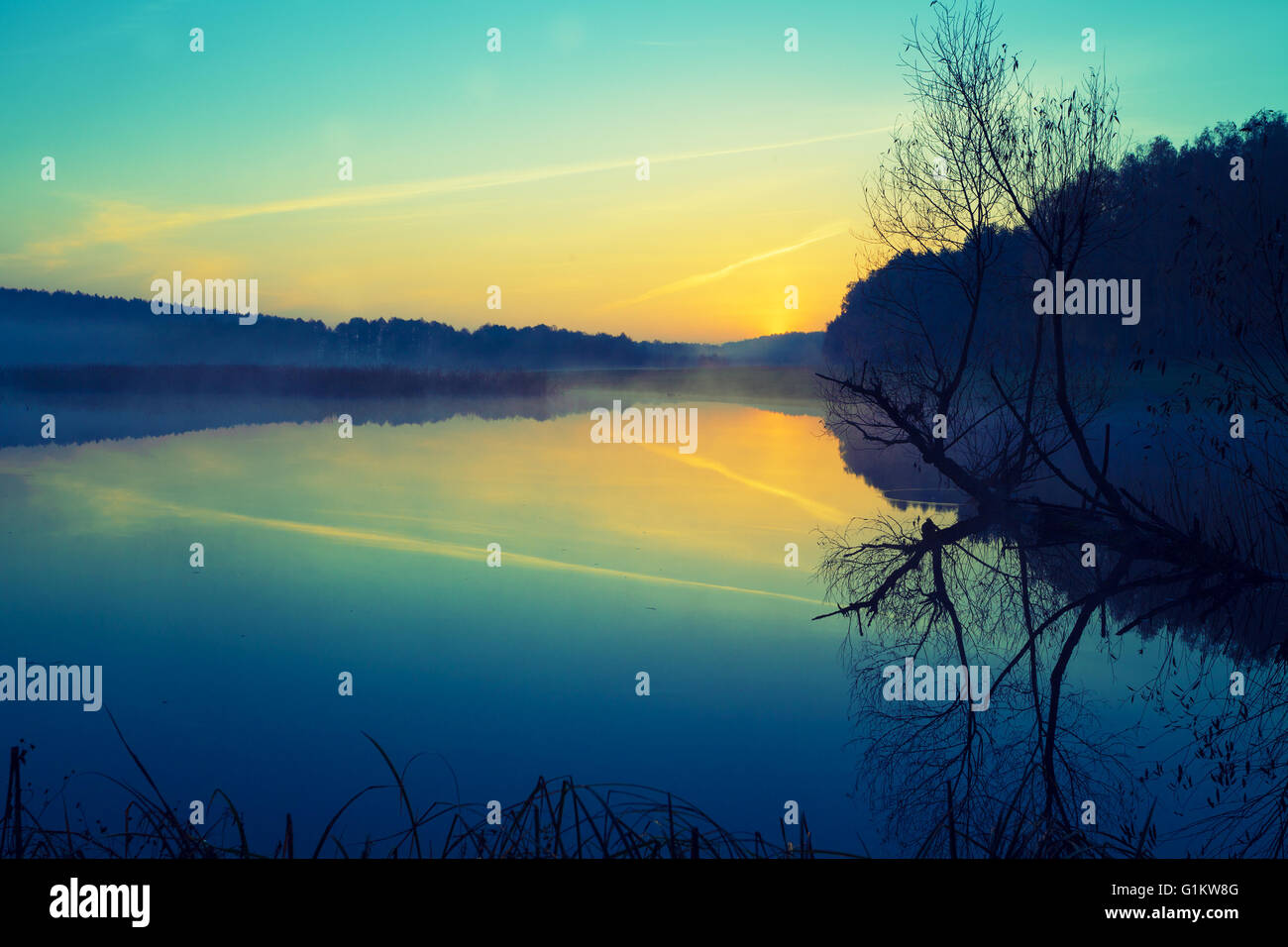 Misty morning. Mist over river. River bank at sunrise Stock Photo - Alamy