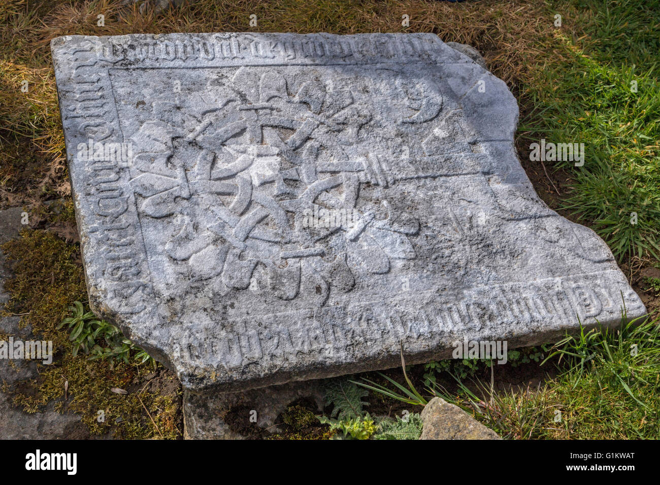 Headstone with Celtic decorations in the cemetery of Jerpoint Park ...