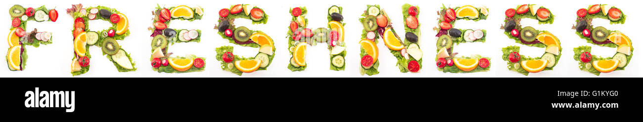 Word freshness made of salad and fruits Stock Photo - Alamy