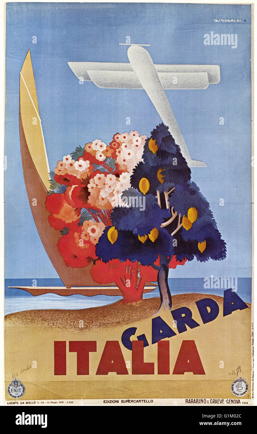 POSTER: ITALY, 1935. Italian poster advertising Lake Garda in Italy ...