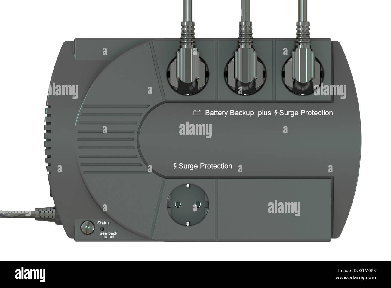 Uninterruptible power supply, UPS with electric plugs. 3D rendering ...