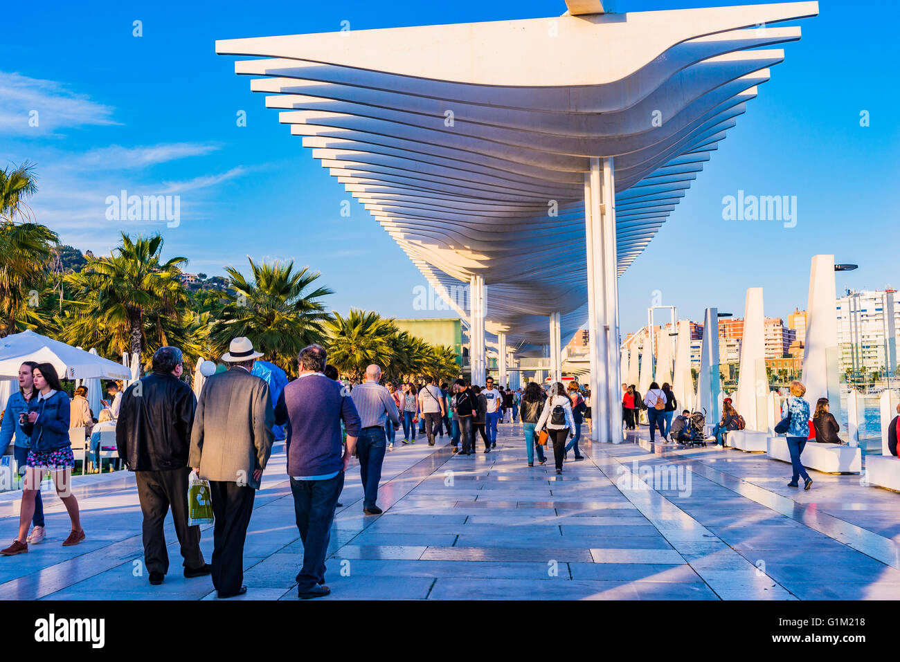 Waterfront promenade with a pergola at Muelle Uno in the port of Málaga ...