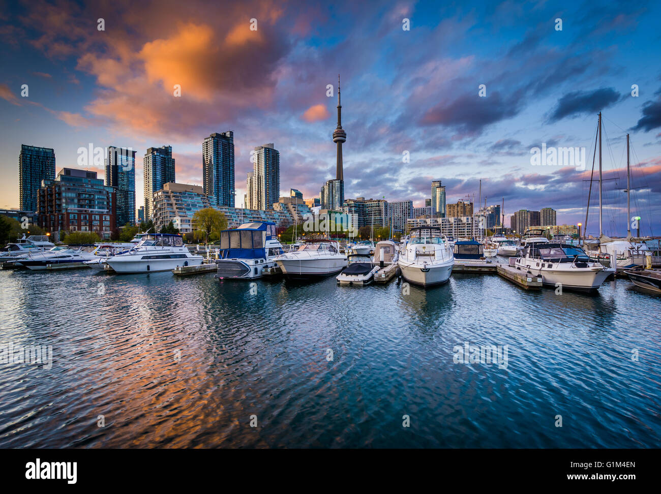 Marina and the downtown skyline at sunset, at the Harbourfront in ...