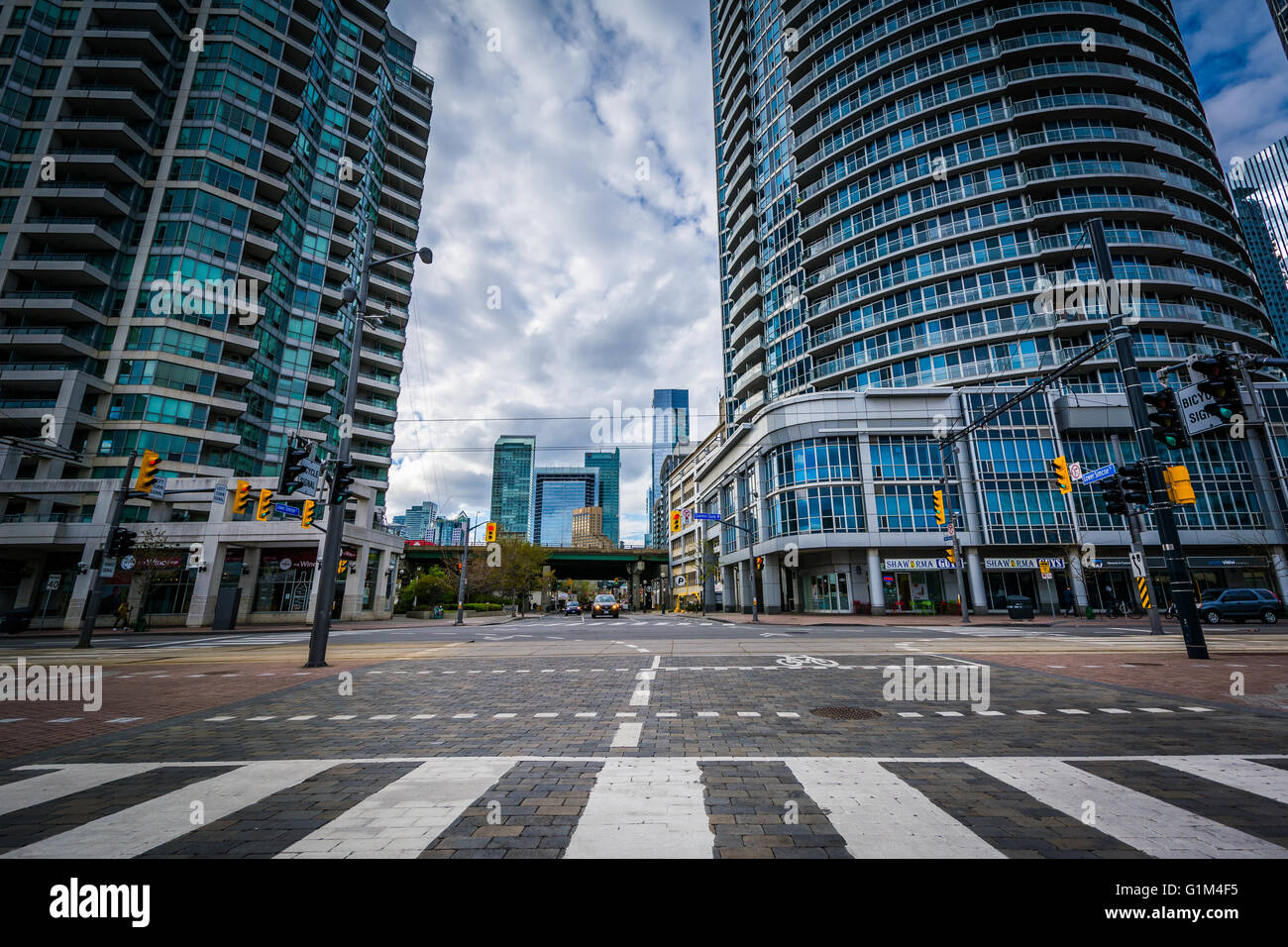 Queens Quay West and modern buildings at the Harbourfront, in Toronto ...