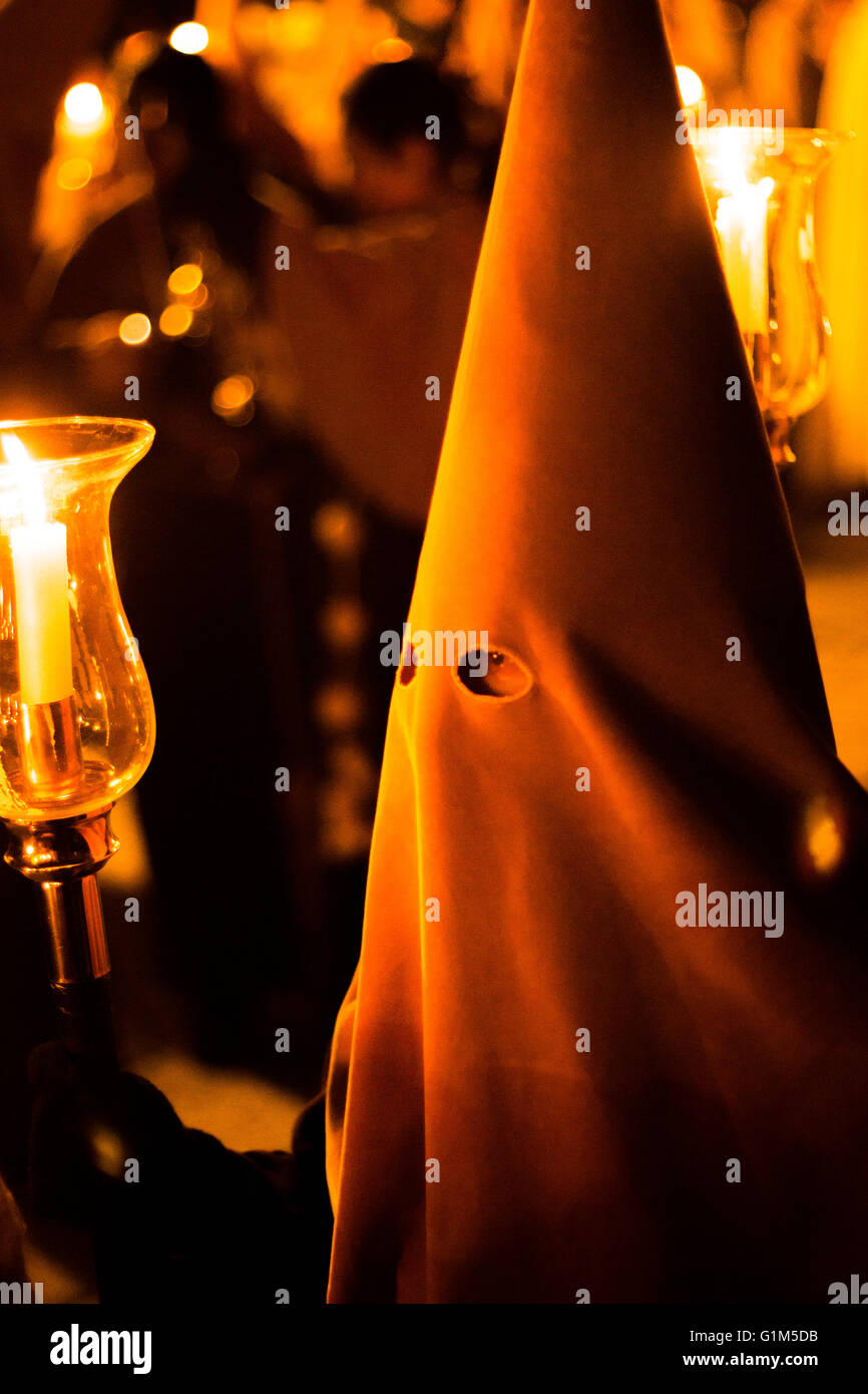 Easter catholic Spanish procession Semana Santa. Catholics wear pointed ...