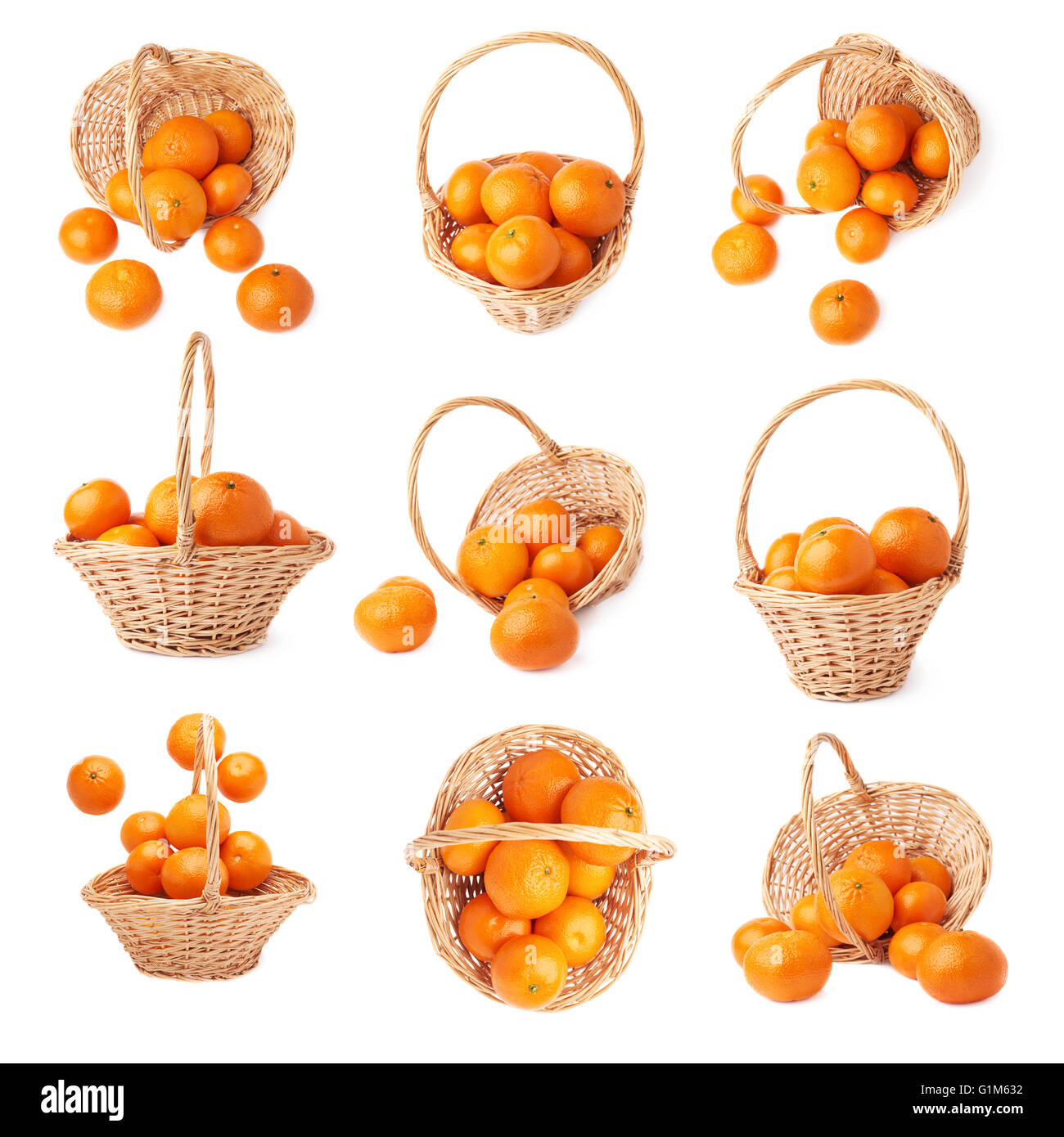 Wicker basket full of multiple ripe fresh juicy tangerines, composition ...