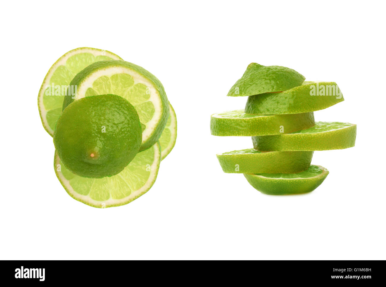 Fresh lime cut in slices isolated over the white background, set of ...