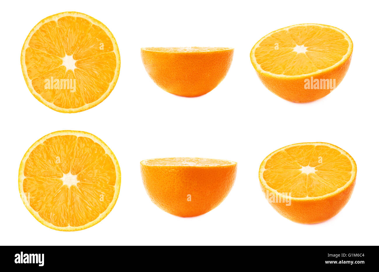 Ripe orange cut in half isolated over the white background, set of ...