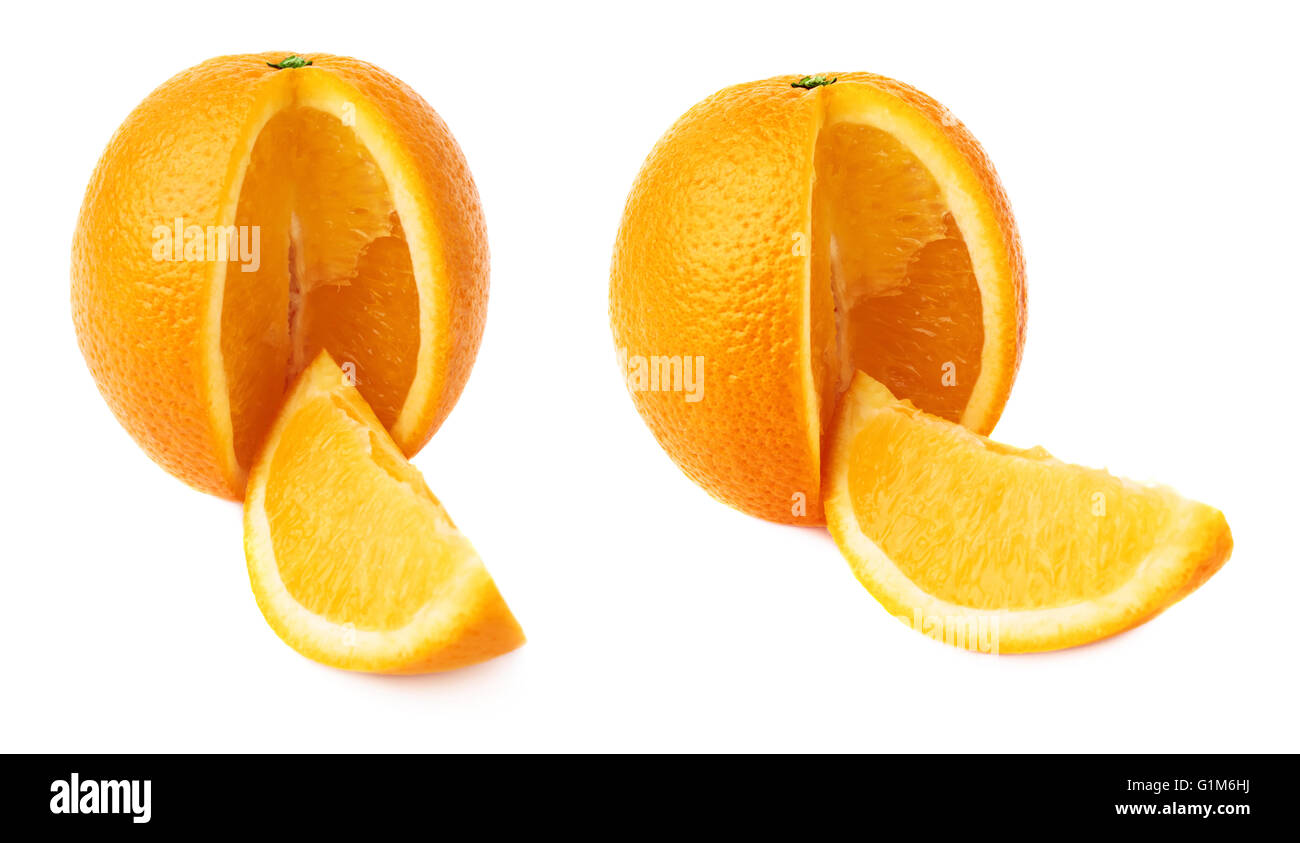 Fresh orange cut in slices isolated over the white background, set of ...
