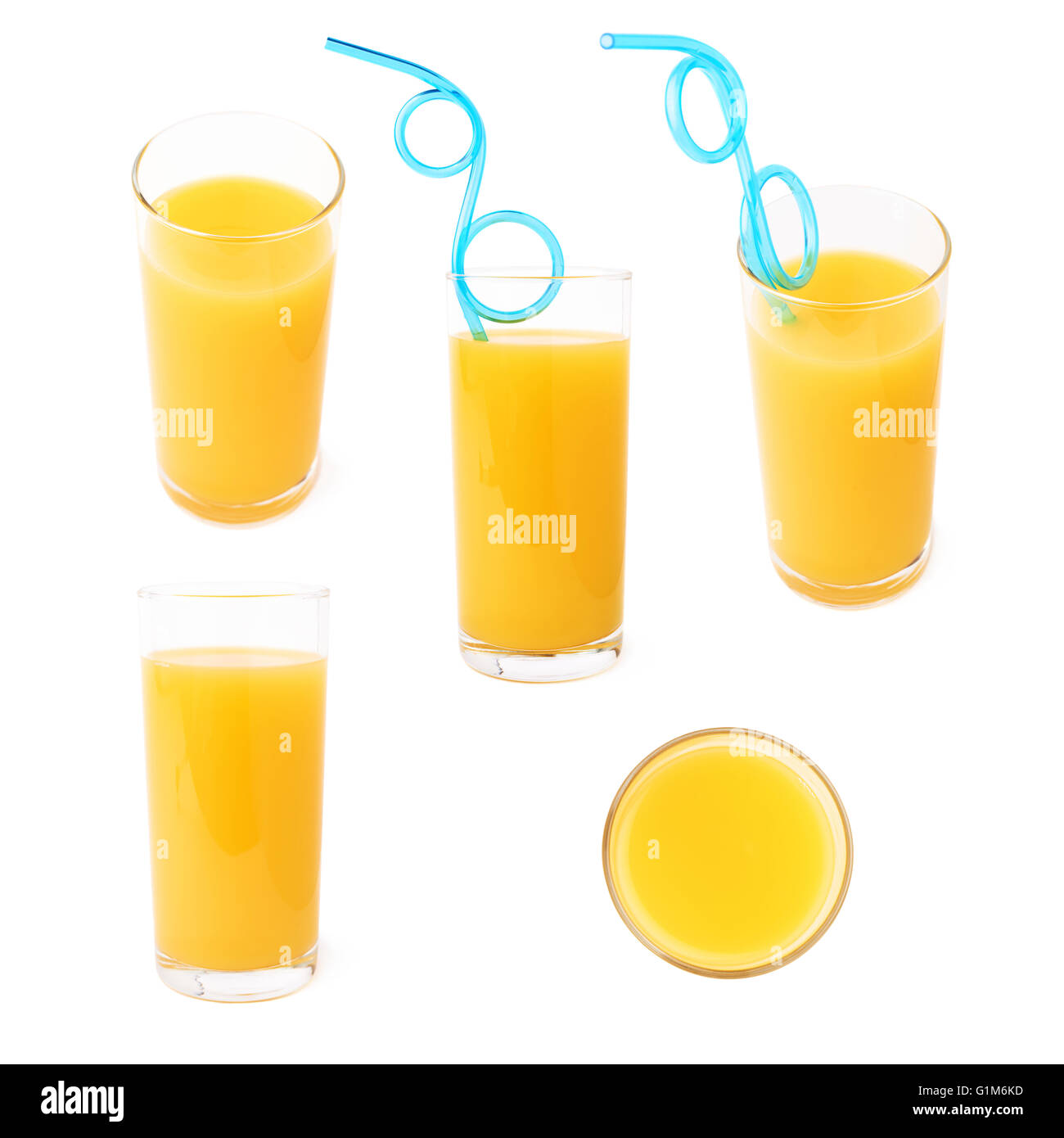 Tall glass filled with the orange juice and curved blue plastic ...