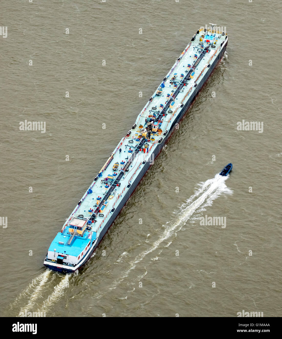 Aerial view, gas tanker on the Rhine is overtaken by a speed boat ...