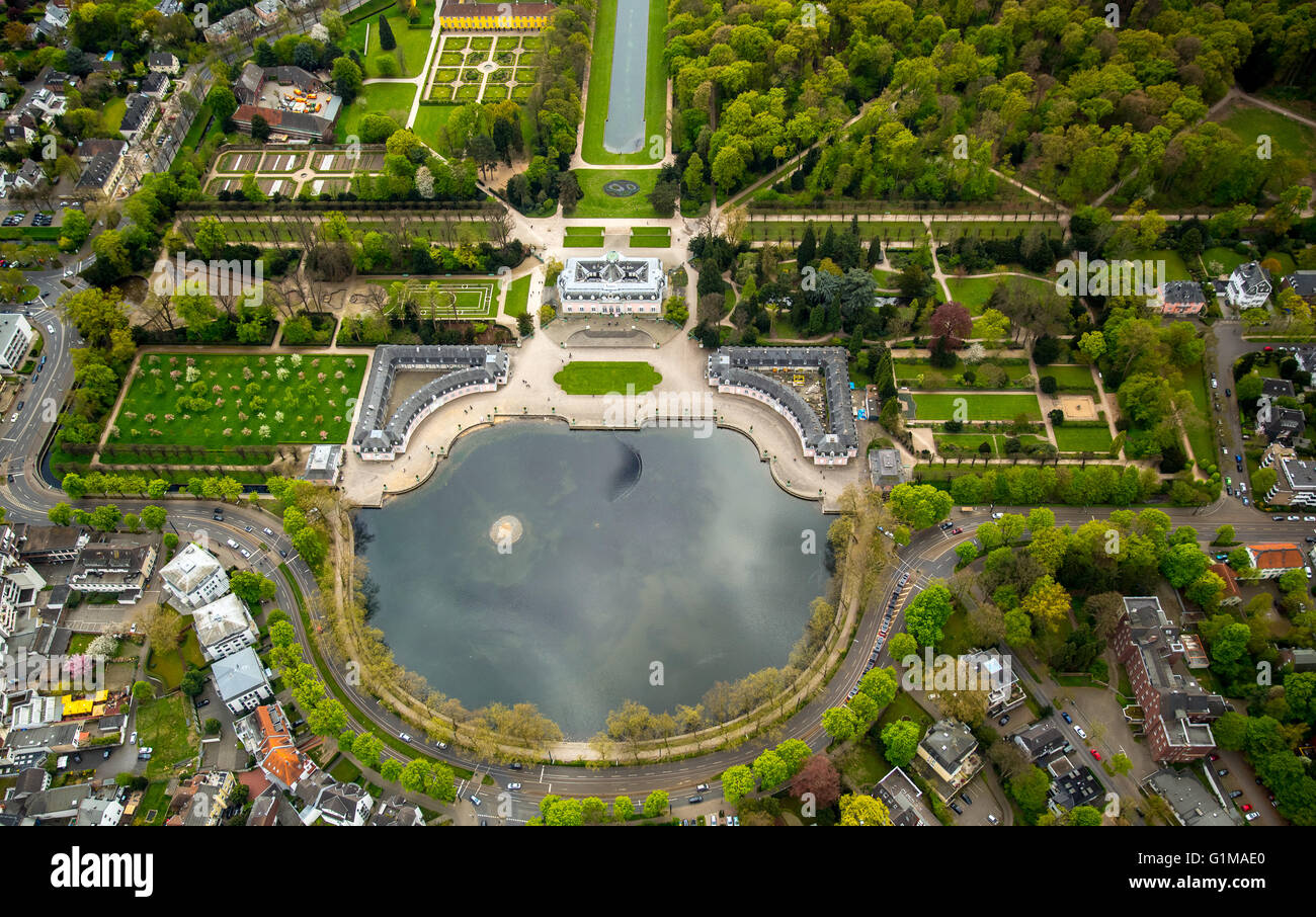 Aerial view, Schloss Benrath Castle with pond and palace gardens ...
