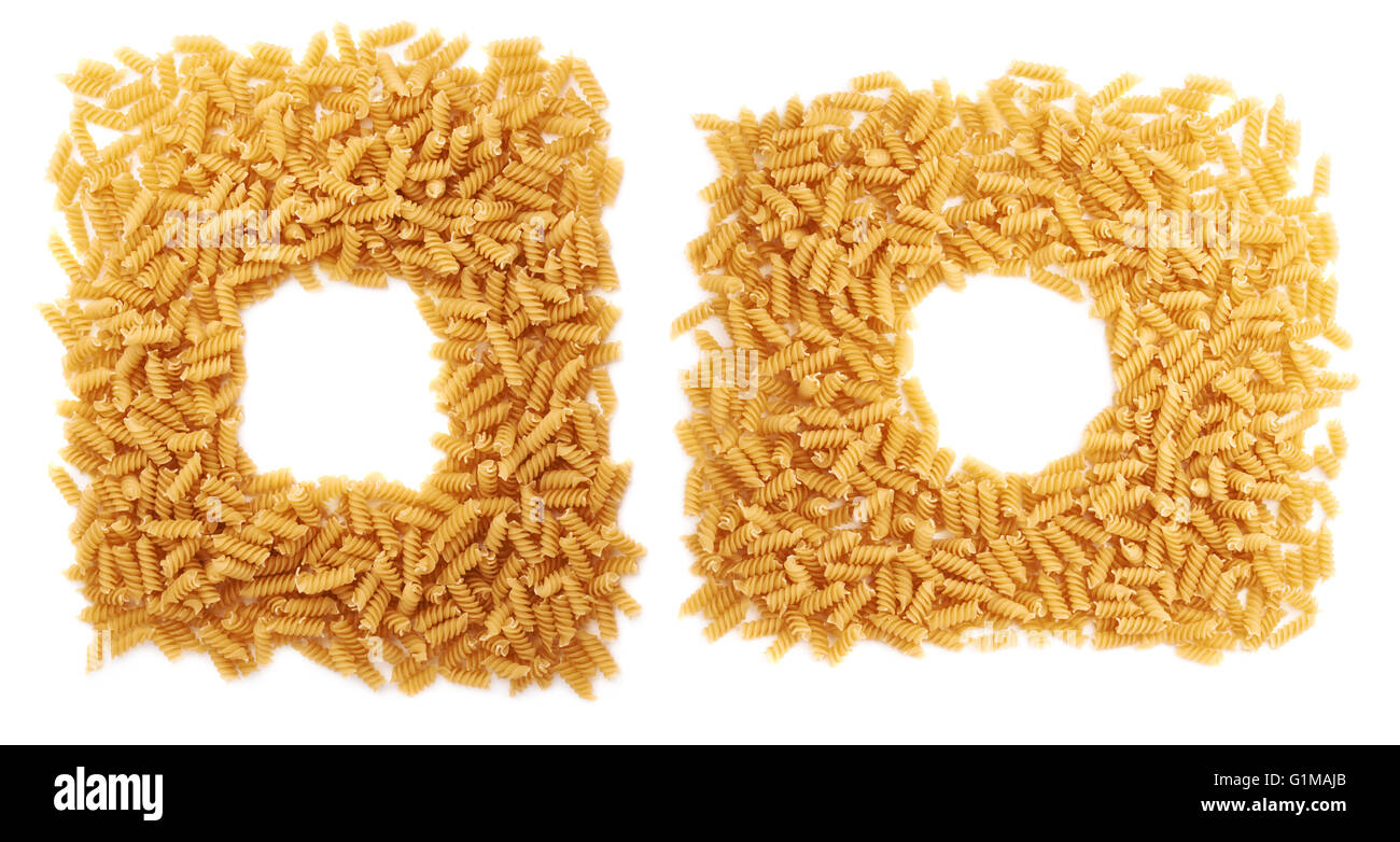 Square frame made of dry rotini pasta over isolated white background ...