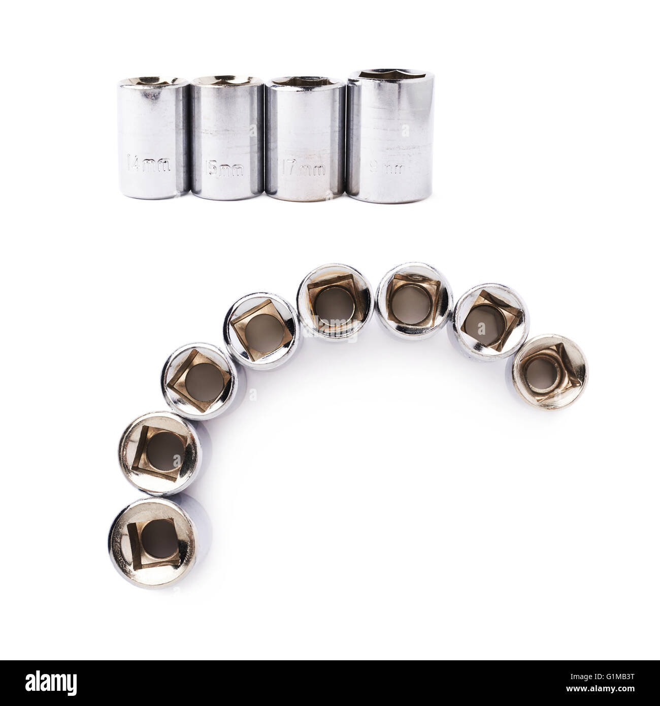 Set of line of hex socket of spanner over isolated white background ...