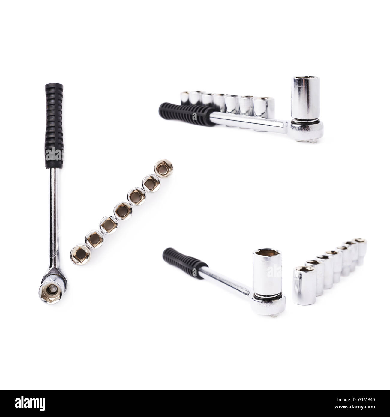 Set of wrench with line of sockets over white isolated background Stock ...