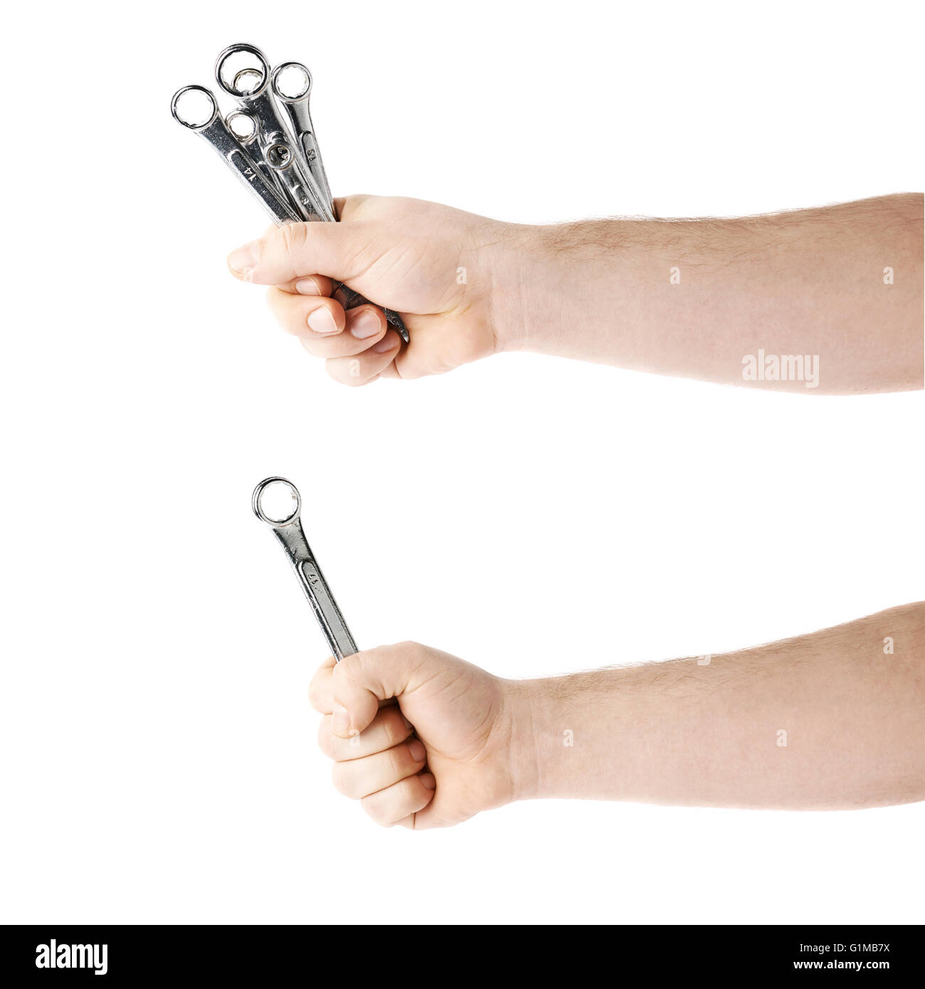 Set of hand holding a wrench tools, composition isolated over the white ...